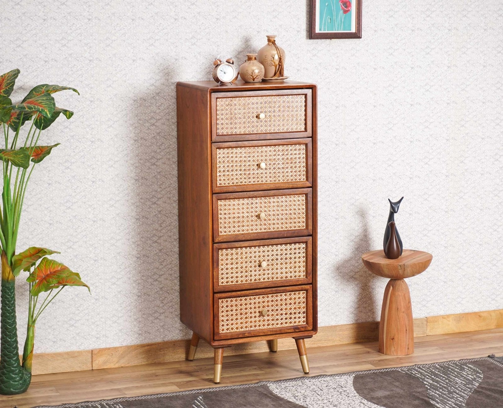 Boston Solid Wood Rattan Cane Tall Chest of Drawer Five Drawer