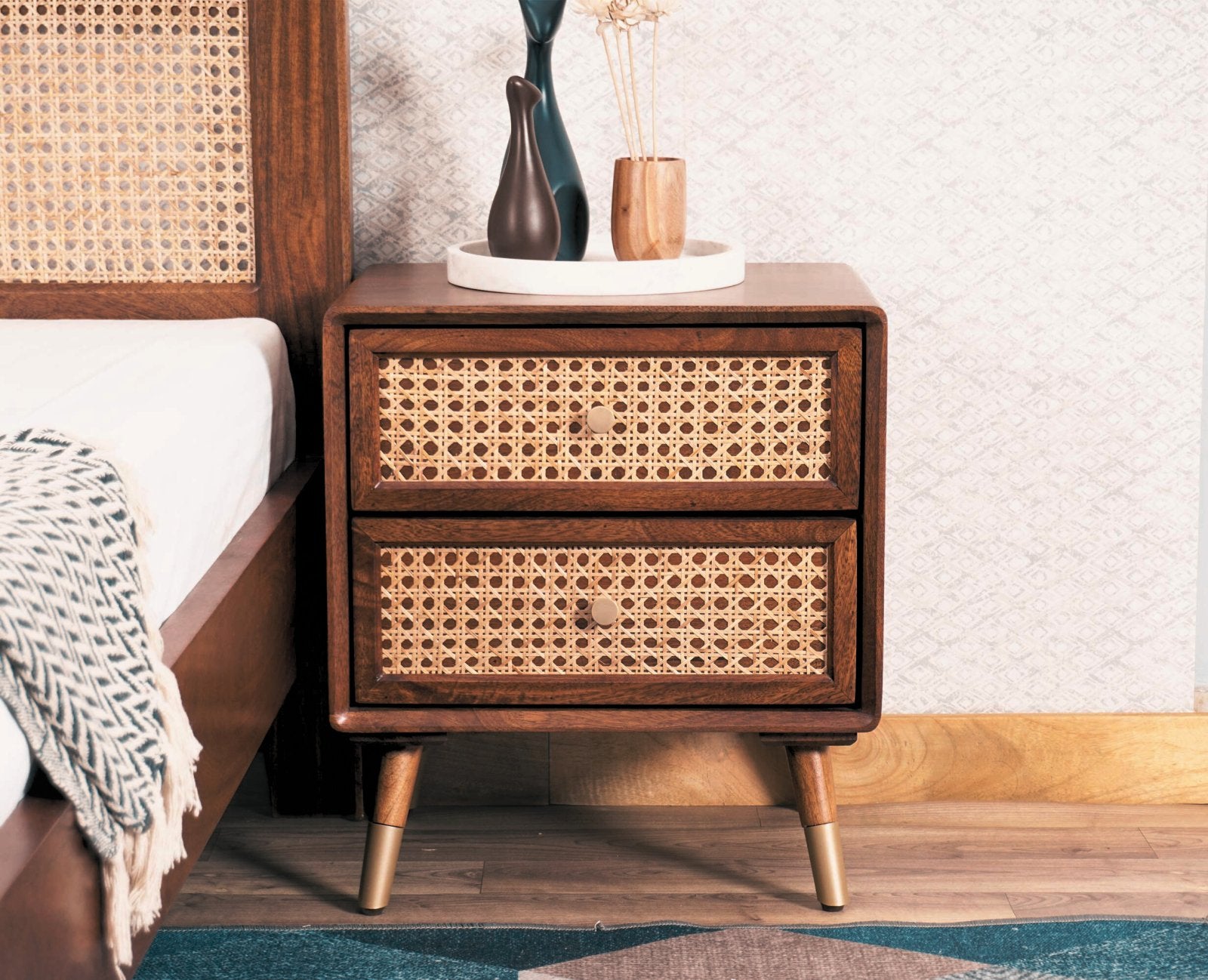 Boston Solid Wood Rattan Cane Two Drawer Bedside Table