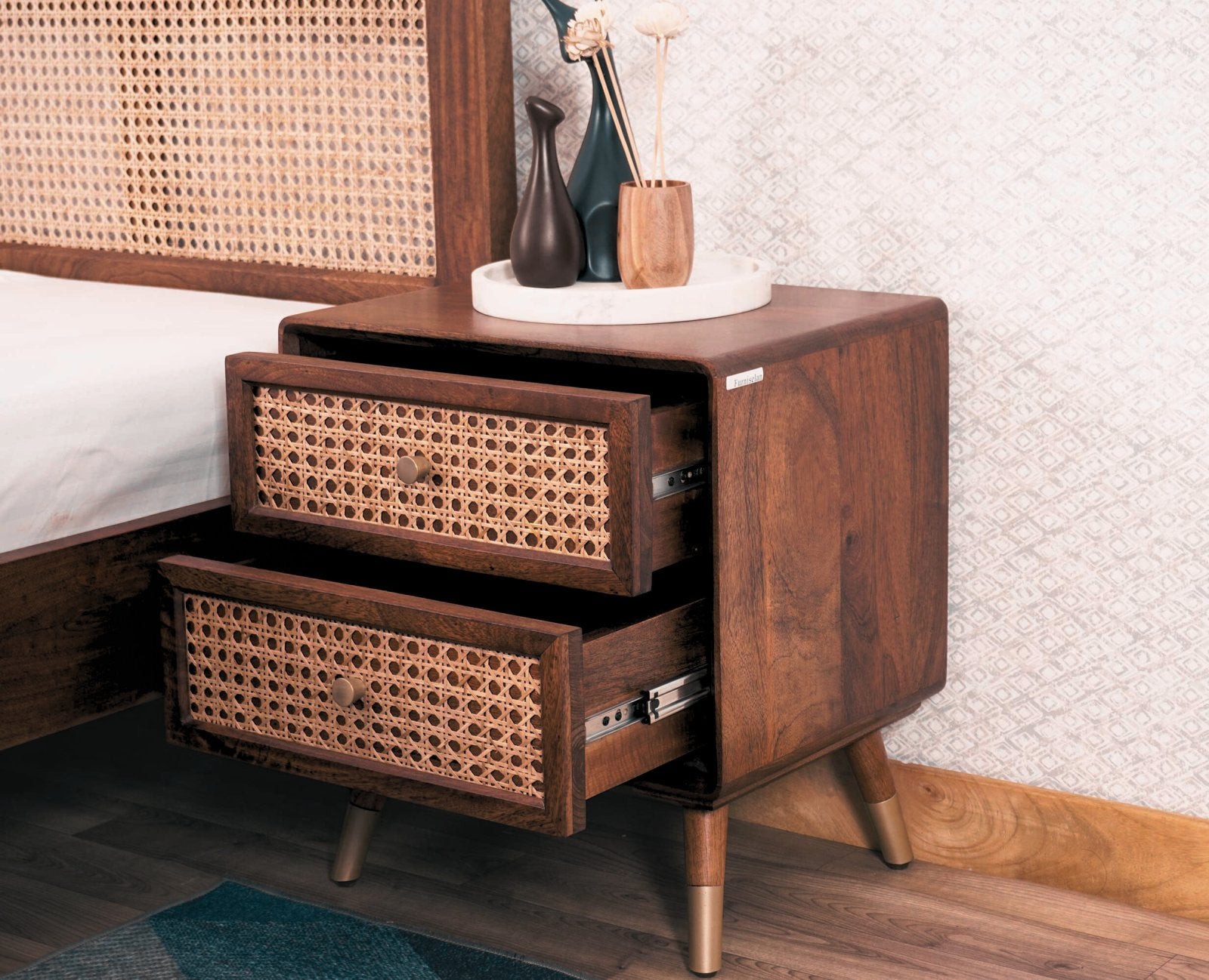 Boston Solid Wood Rattan Cane Two Drawer Bedside Table