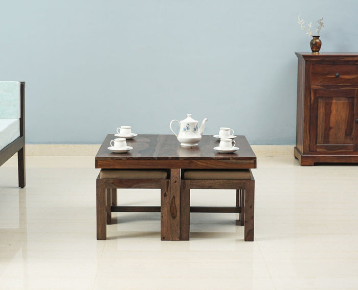 Buy Sheesham Wood Coffee Table Set with Four Stools Online on Furniselan