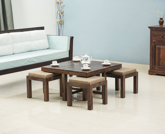 Buy Sheesham Wood Coffee Table Set with Four Stools Online on Furniselan