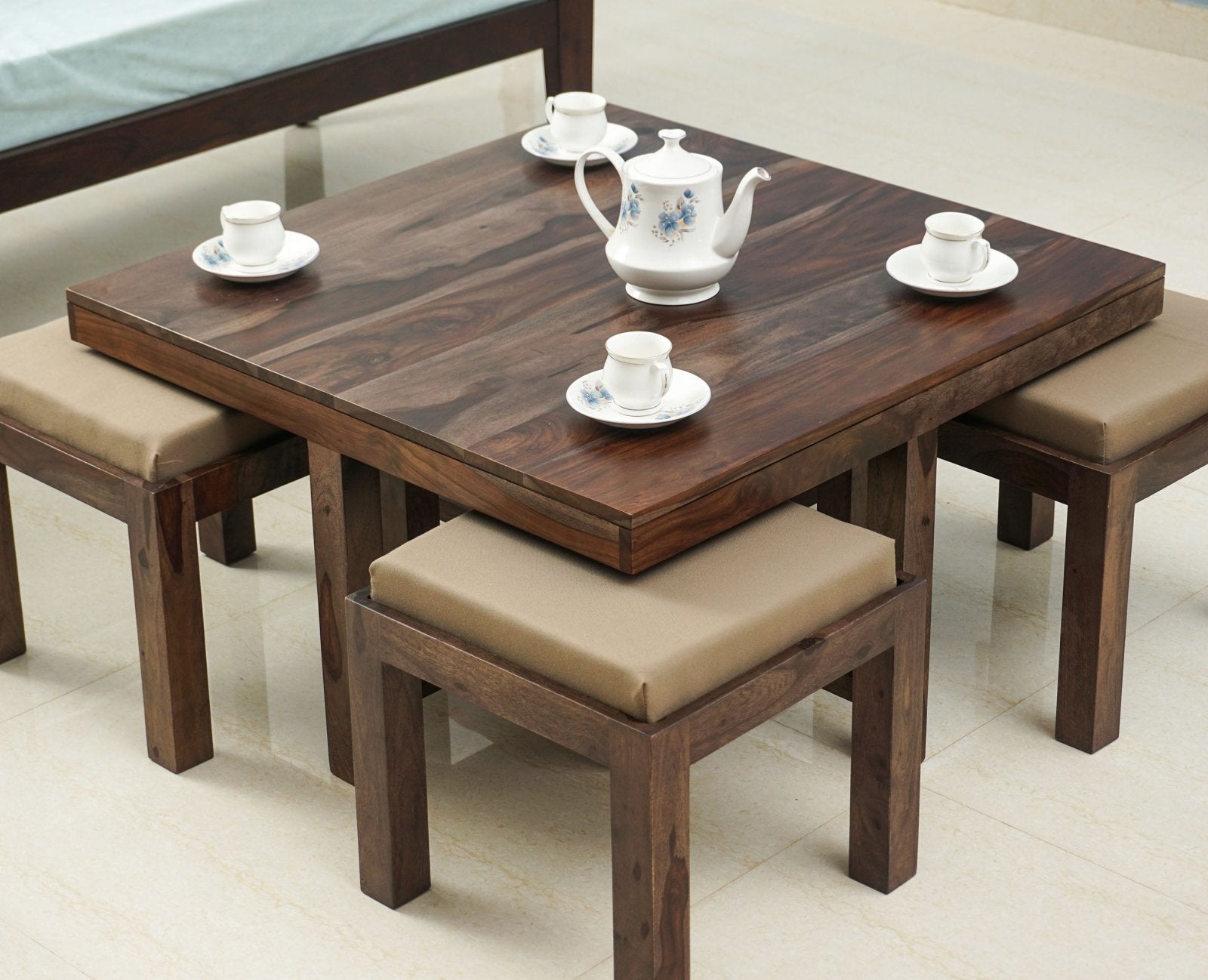 Buy Sheesham Wood Coffee Table Set with Four Stools Online on Furniselan