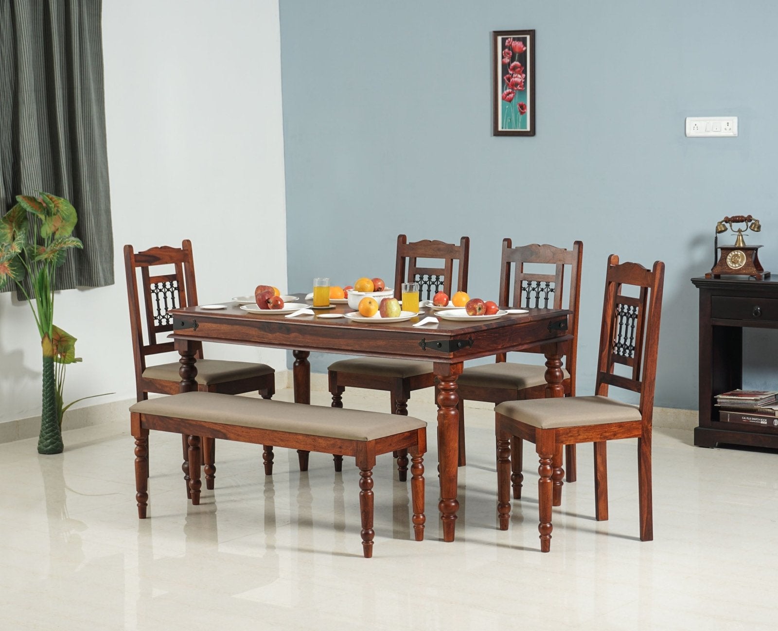 Buy Sheesham Wood 6 Seater Dining Table Set with 4 Chair & 1 Bench for ...