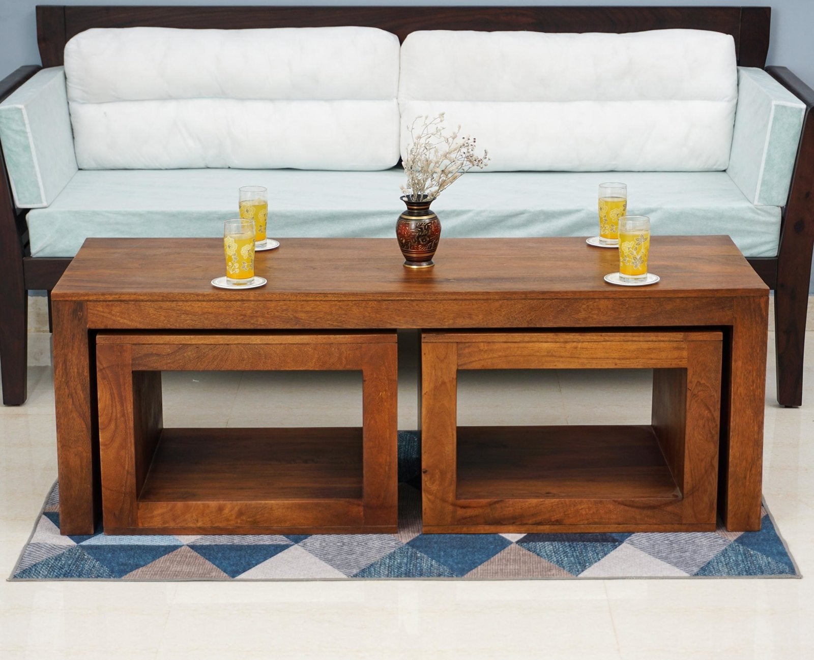 Buy Portugal Solid Wood Coffee Table With Two Stool Online on Furniselan