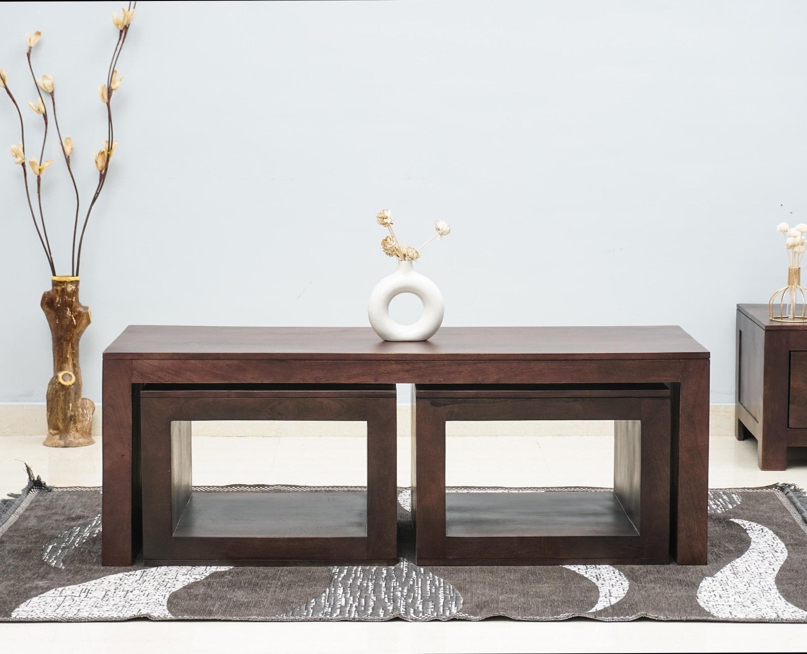 Buy Portugal Solid Wood Coffee Table With Two Stool Online on Furniselan