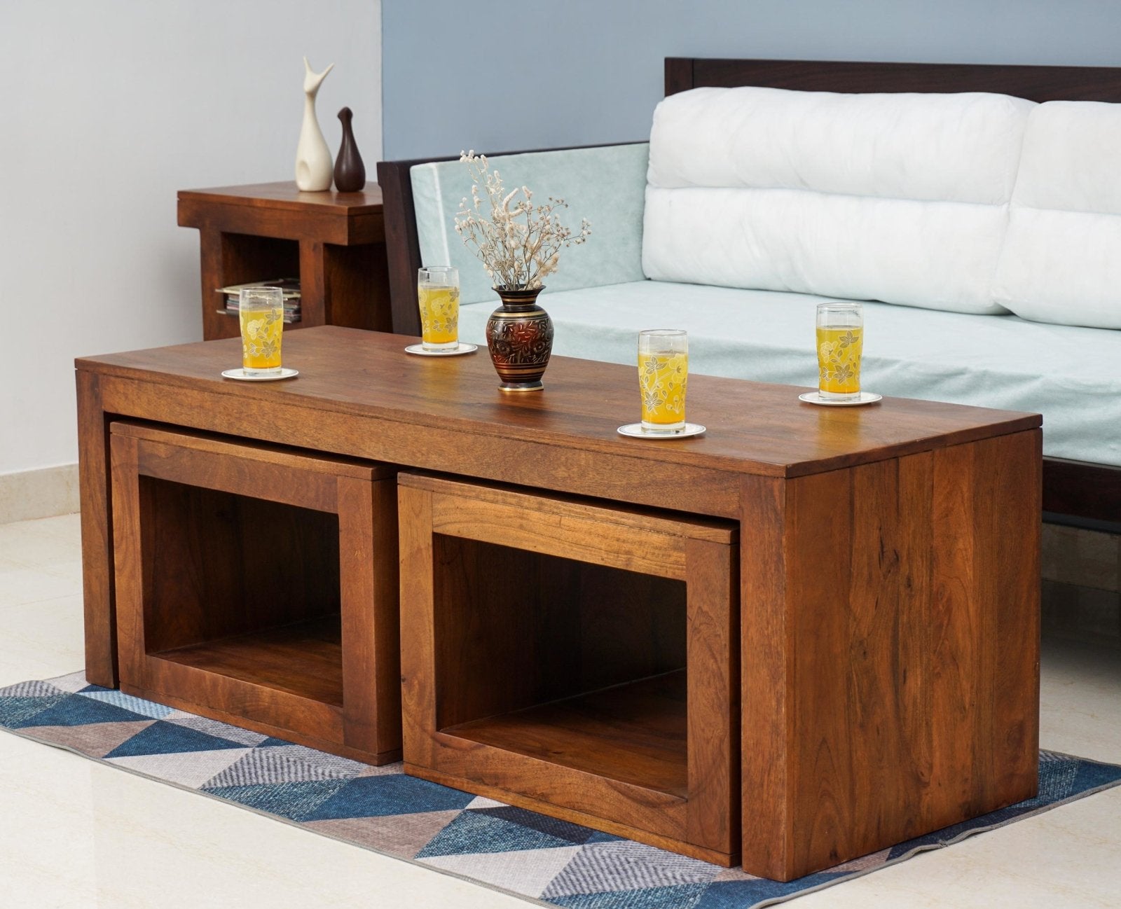 Buy Portugal Solid Wood Coffee Table With Two Stool Online on Furniselan