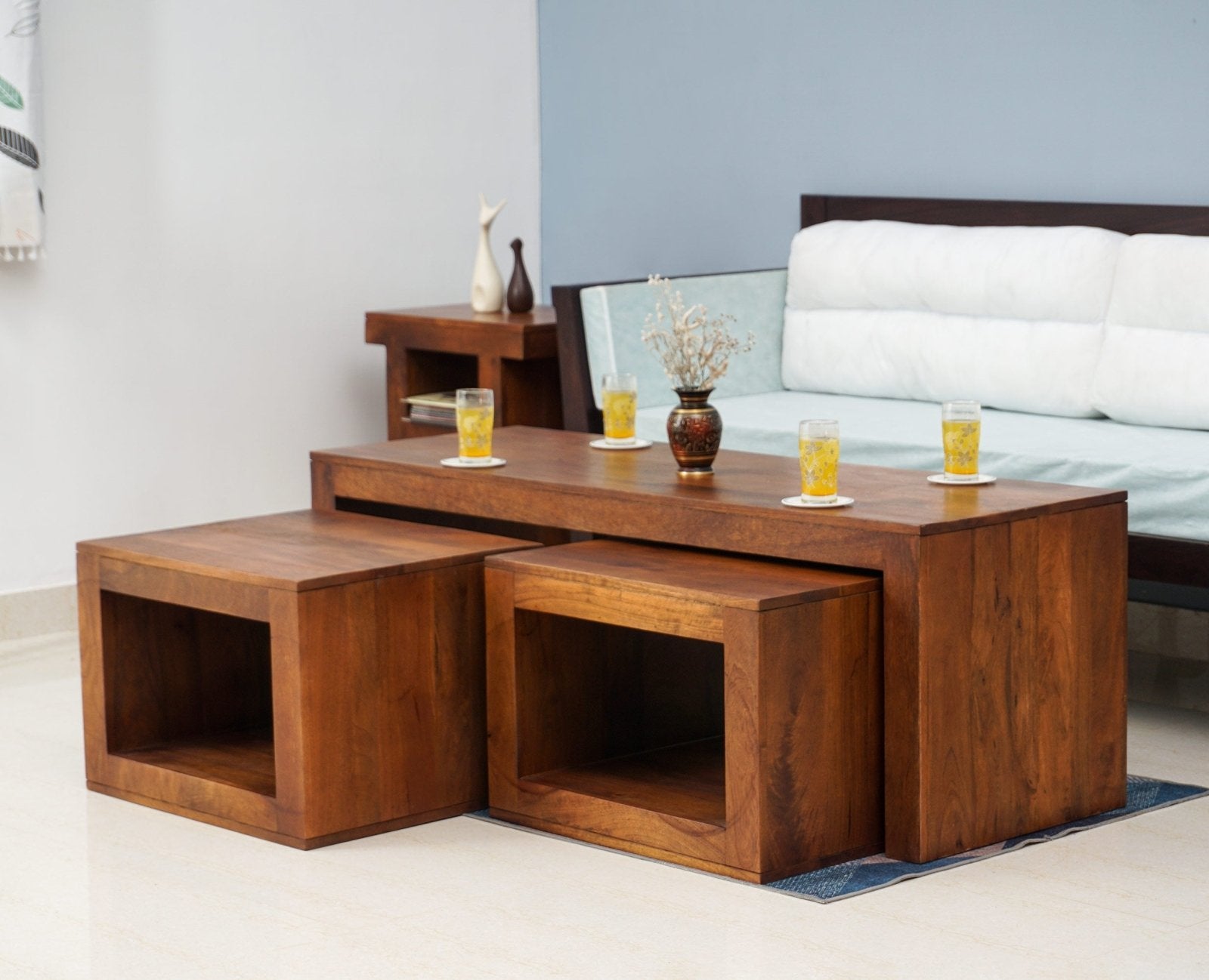 Buy Portugal Solid Wood Coffee Table With Two Stool Online on Furniselan