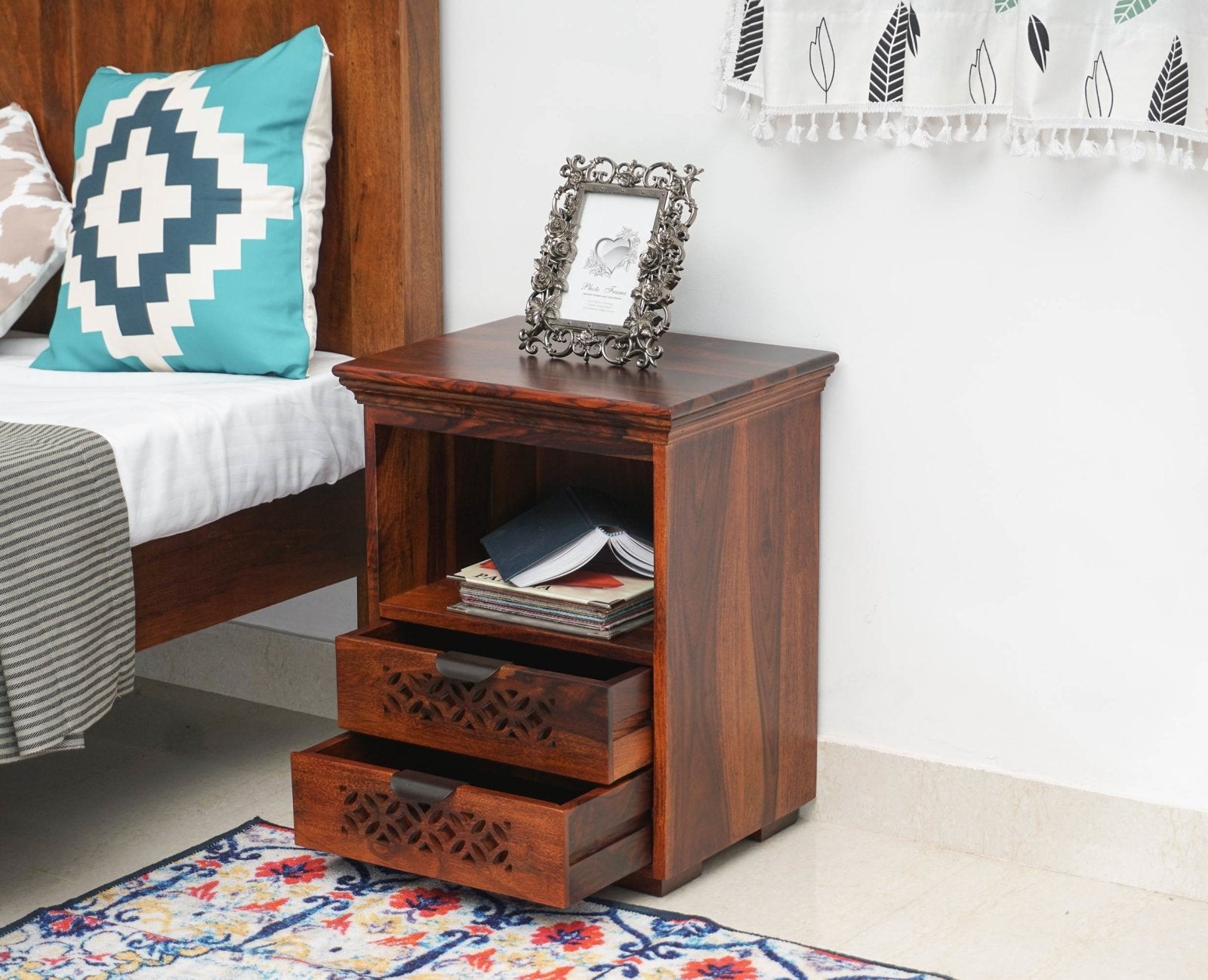 Buy Solid Two Drawer Bedside Table with open Shelve Online on Furniselan
