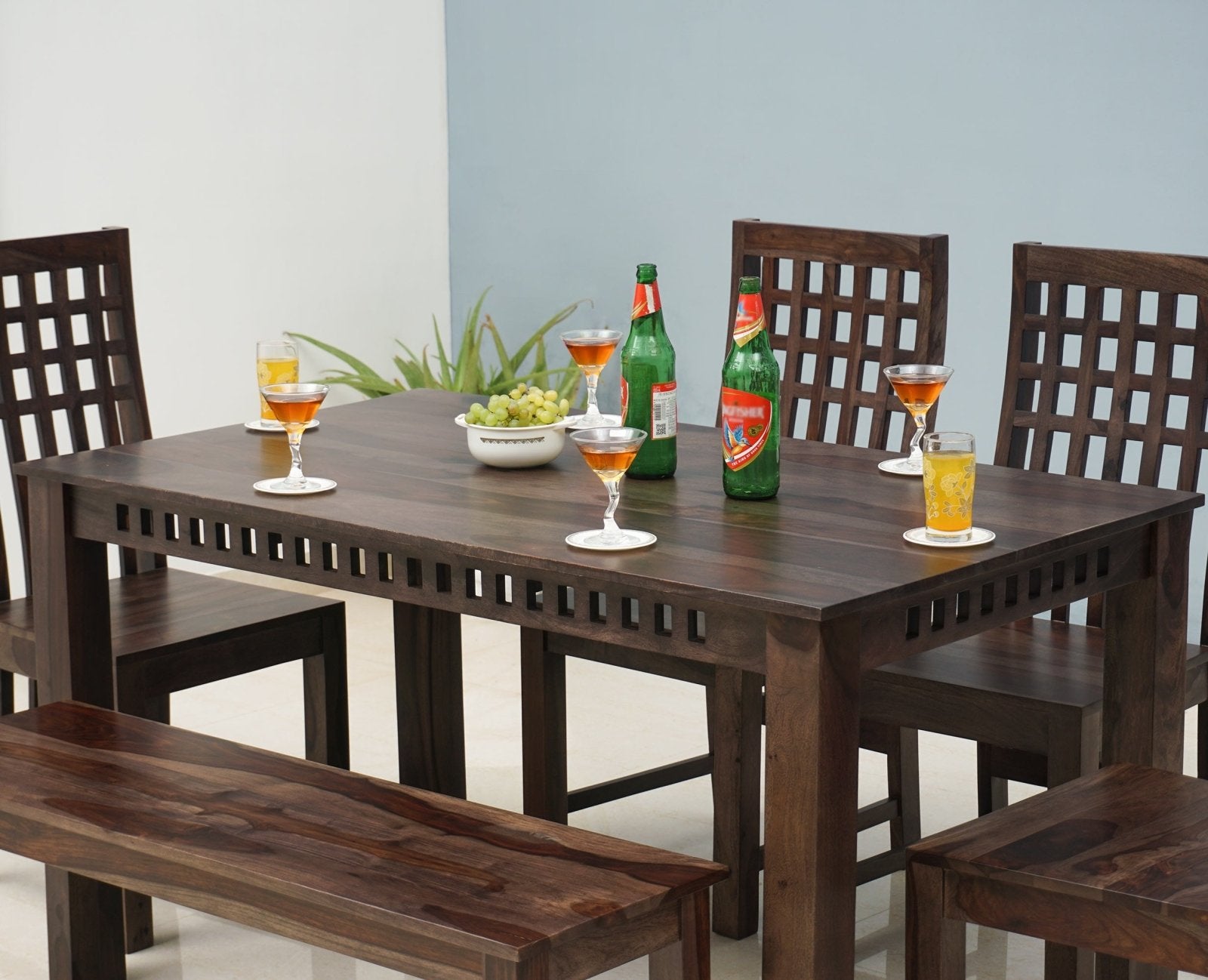Buy Sheesham Wood 6 Seater Dining Table Set with 4 Chair & Becnch for Dining Room Online on ...